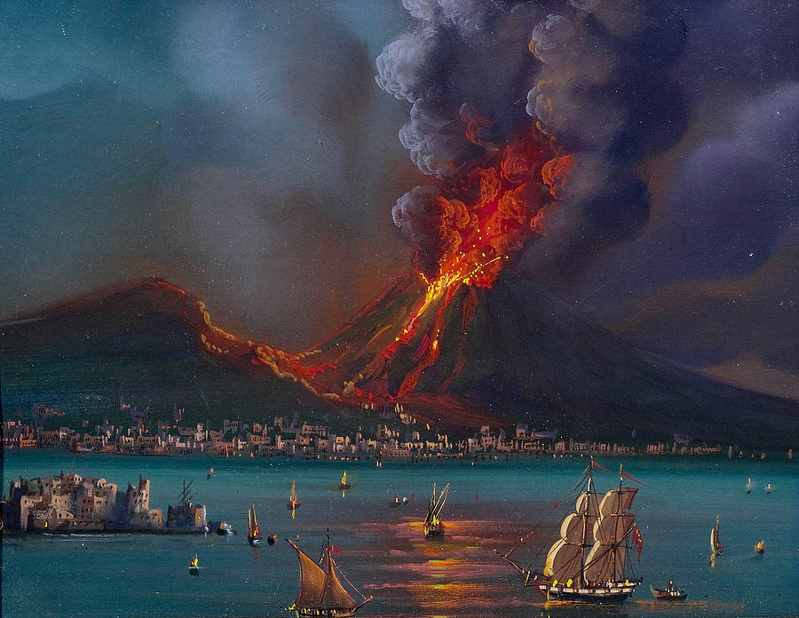 The Bay of Naples with Vesuvius eruption at night Painting by Anonymous ...