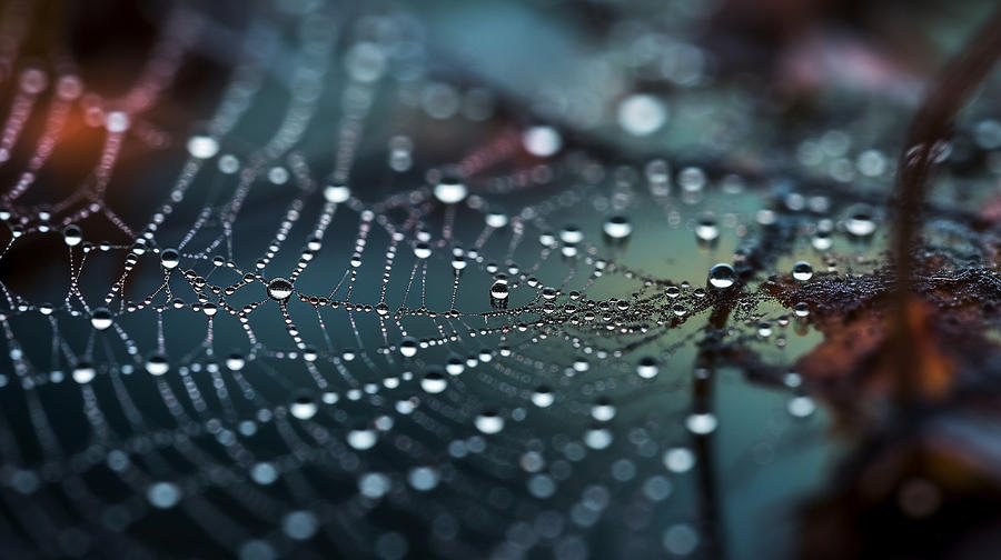 The geometric patterns of a spider web covered in morning dew, Digital ...