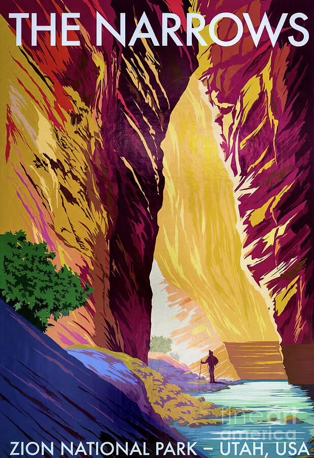 The Narrows Zion National Park Retro Poster Drawing by M G Whittingham ...