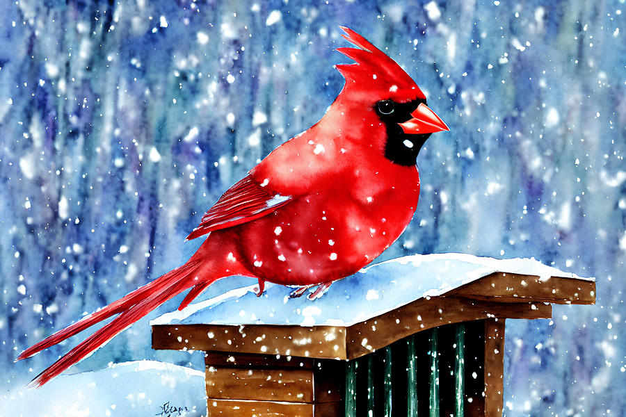 The Red Cardinal in Snow Digital Art by Bob Smerecki - Pixels