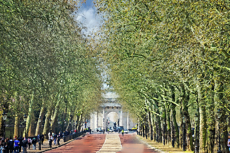 Painterly version road leading from Buckingham Palace lined with trees. Photograph by Kimberly ...