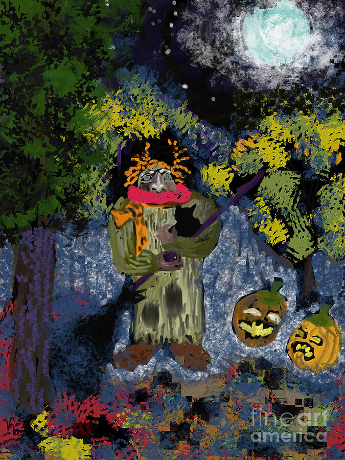 The Witch and Her Cat on Halloween Painting by Katia Witkowski - Fine ...