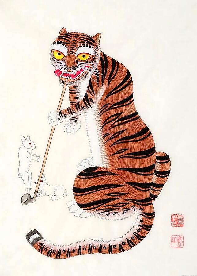 Traditional Korean Minhwa Tiger With Rabbits and Pipe Digital Art by Patricia Keith - Pixels Merch
