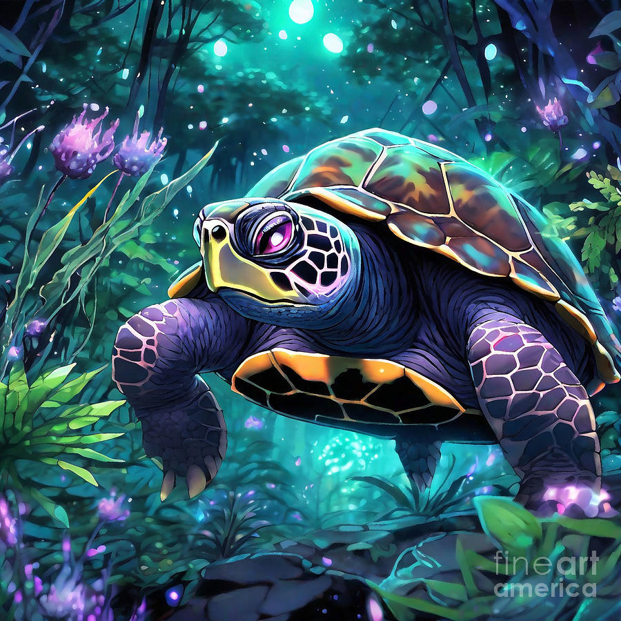 Turtle in a Starlit Jungle with Bioluminescent Plants Drawing by Adrien ...