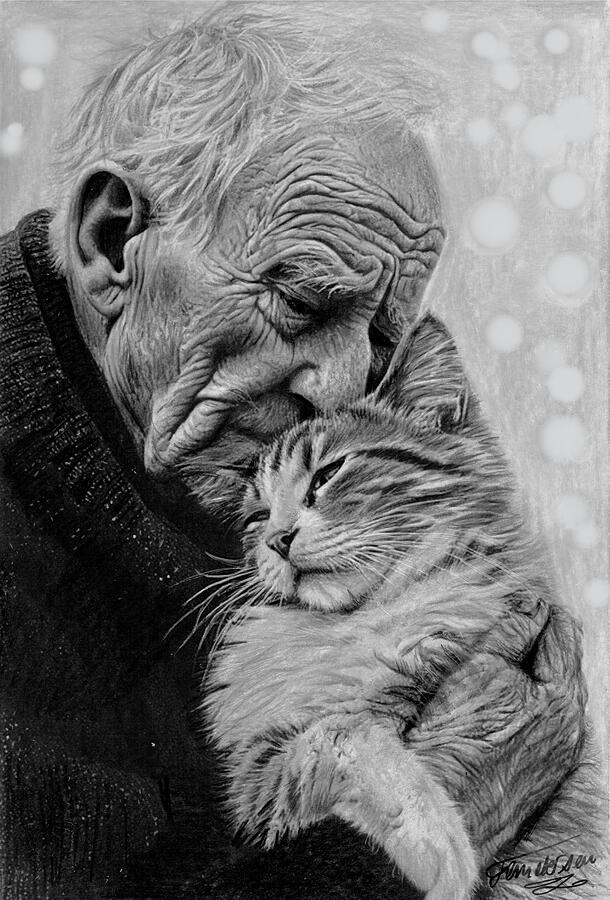 Unconditional Love Between Man and Cat Drawing by Jan Andersen - Fine ...