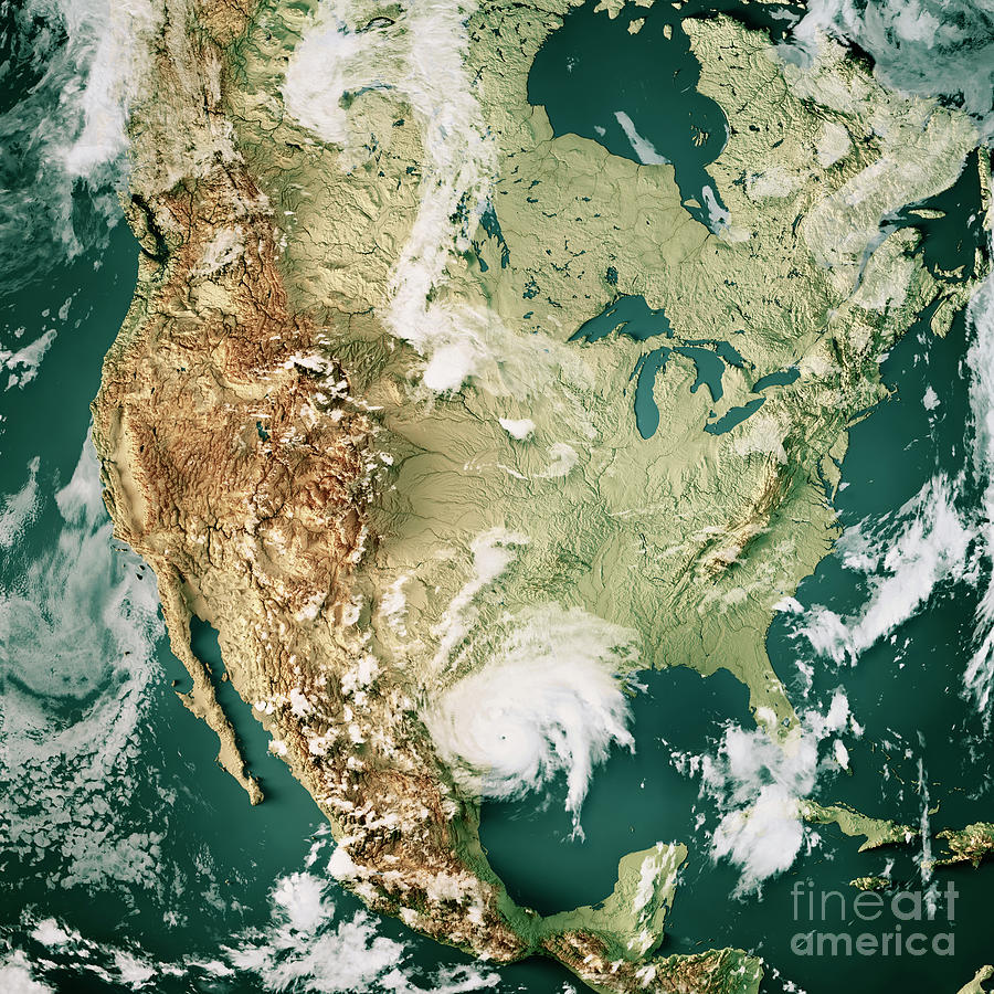 USA Topographic Map Hurricane Harvey 2017 Clouds 3D Render Color Digital Art by Frank Ramspott ...