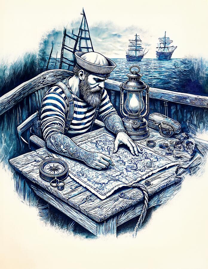 Vintage Illustration of a Sailor Reading a Nautical Map on the S ...