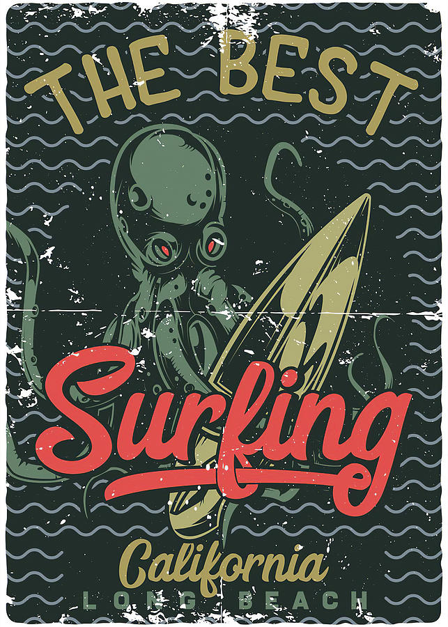 Vintage Posters Surfing Octopus Digital Art by Towery Hill - Fine Art ...