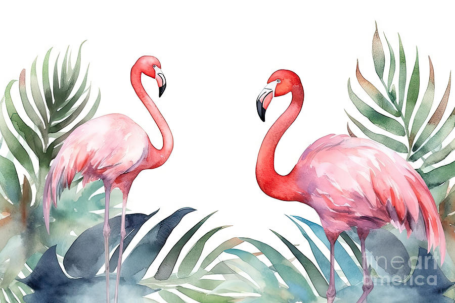 Watercolor vector card of tropical leaves and the pink Flamingo ...