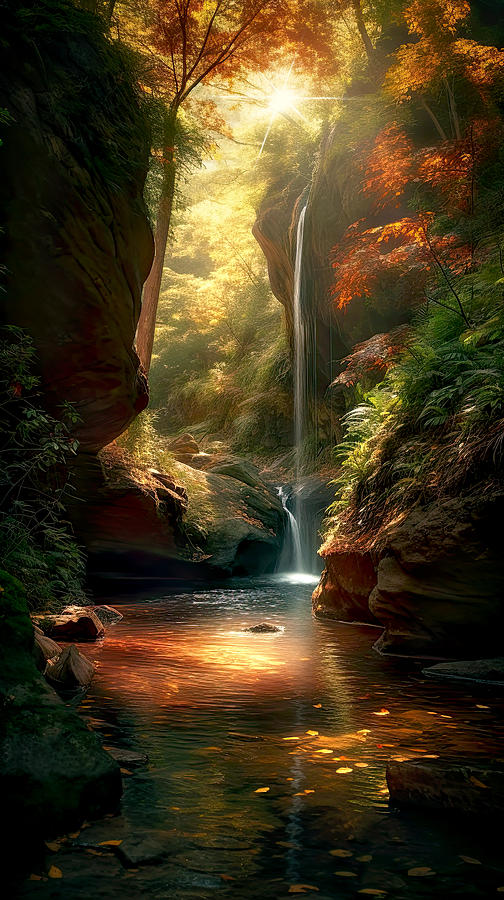 Waterfall in Enchanted Forest I Digital Art by Lily Malor - Pixels