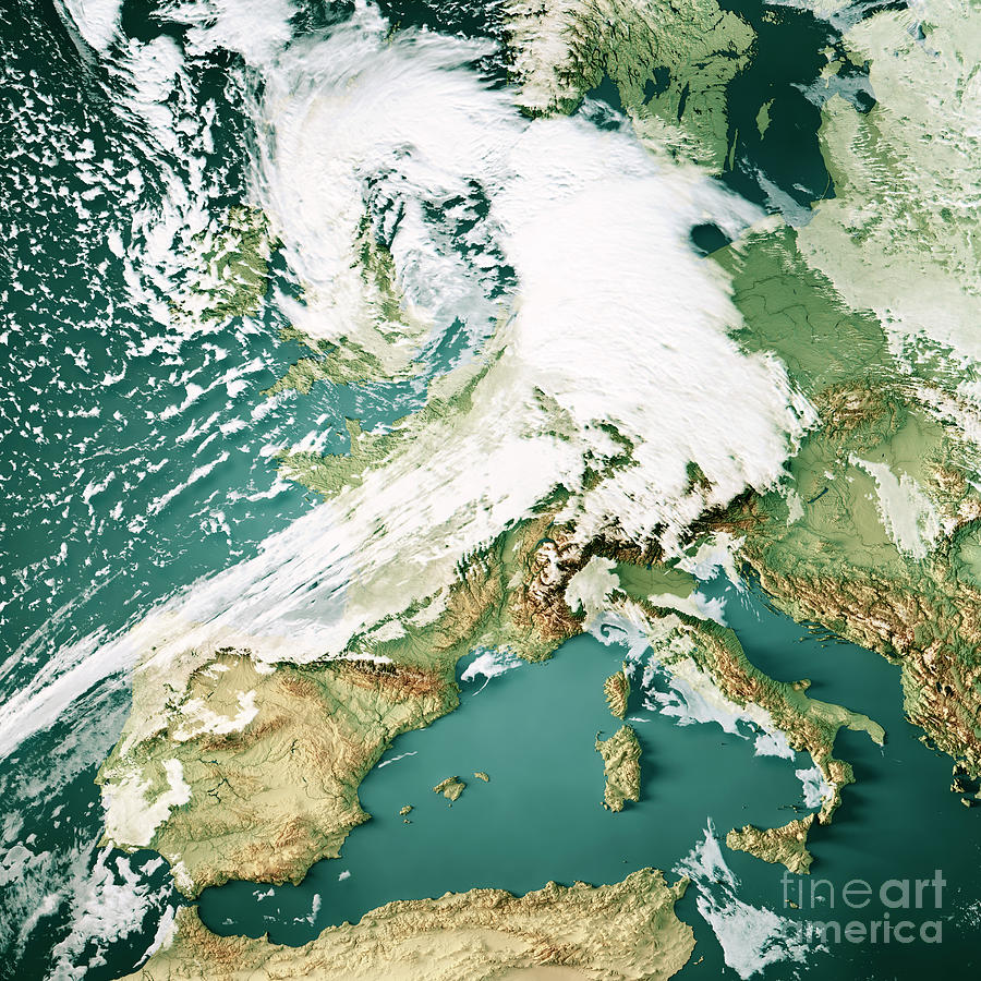 Western Europe Cloud Map Storm Eunice 2022 3D Render Color Digital Art by Frank Ramspott | Fine ...