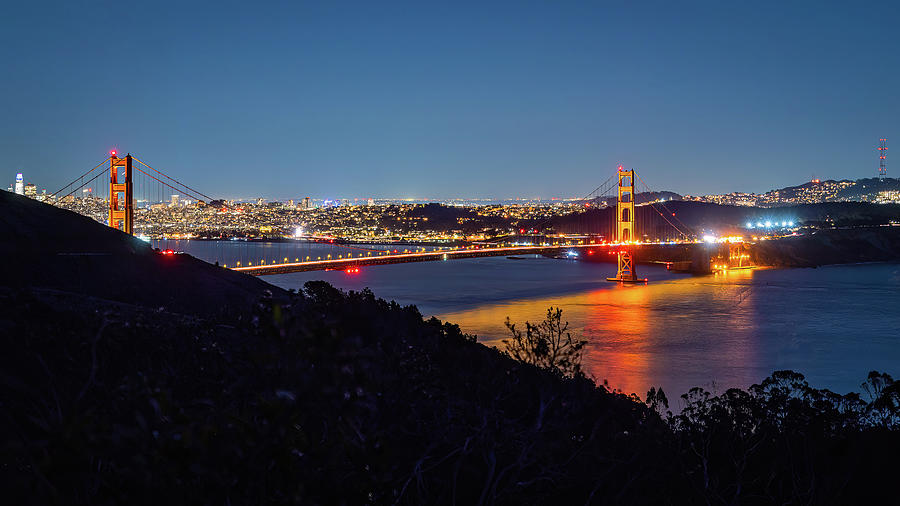 Wide angle view of Golden Gate Bridge with towers anchoring each side Photograph by David Fong ...