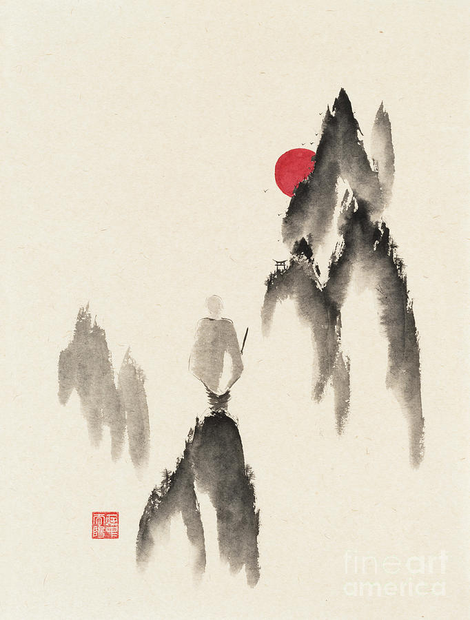 Zen sumi-e ink painting of a young Buddhist monk on top of a mou ...